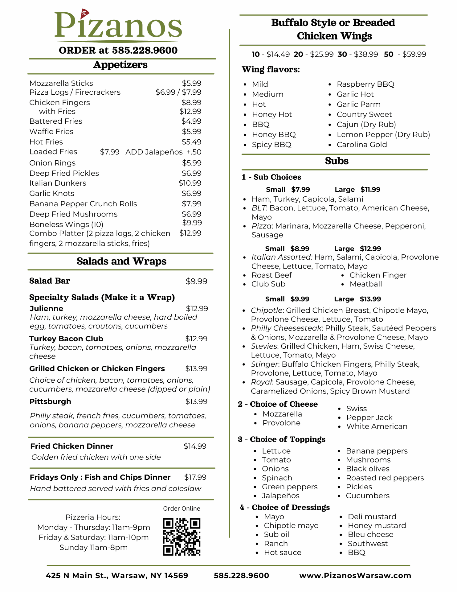 Our Menu | Pizanos Warsaw